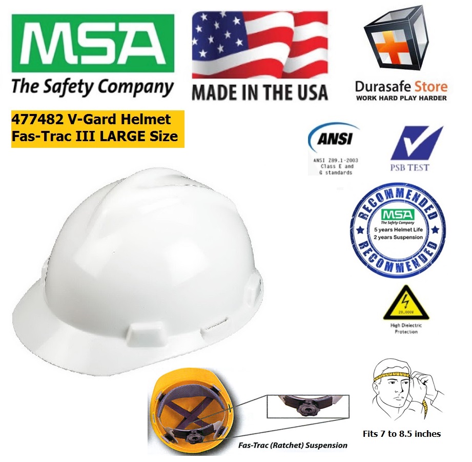 MSA 477482 V-Gard Slotted Safety Helmet Fas-Trac III Suspension, White ...