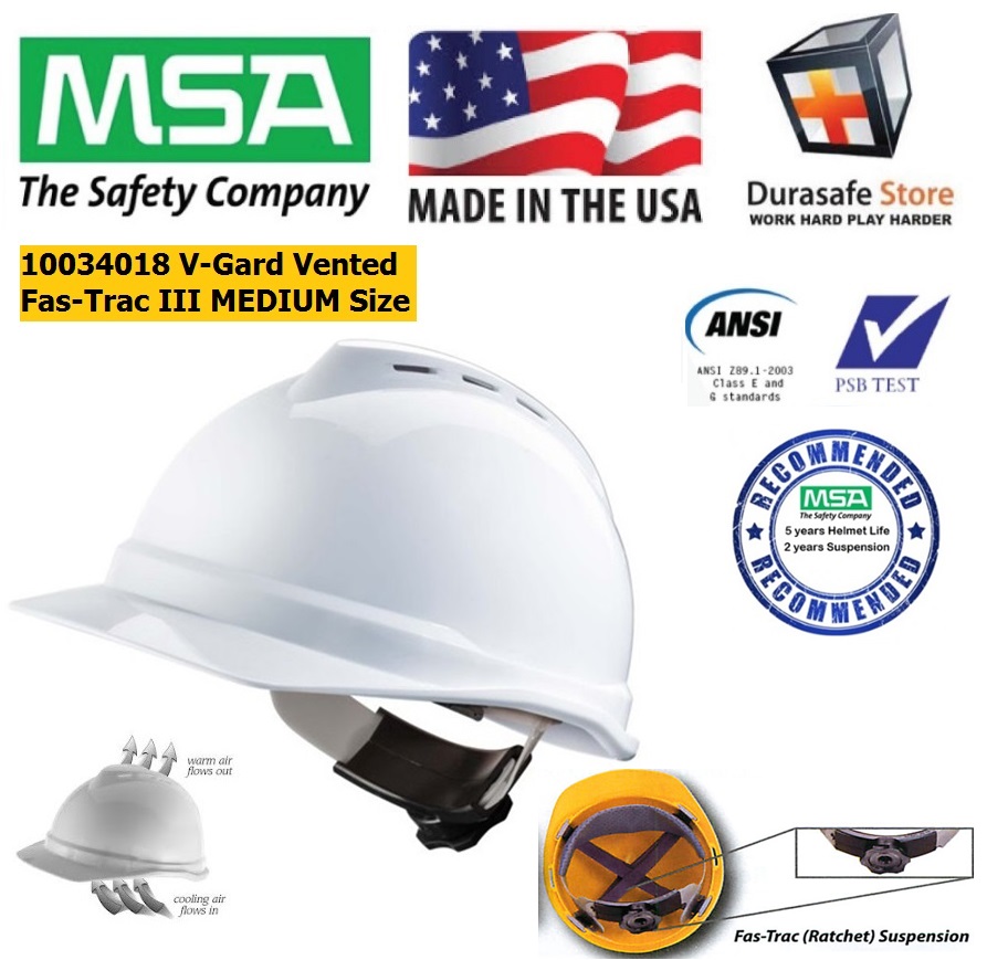 MSA 10034018 V-Gard 500 Vented Slotted Safety Cap Fas-Trac Suspension ...