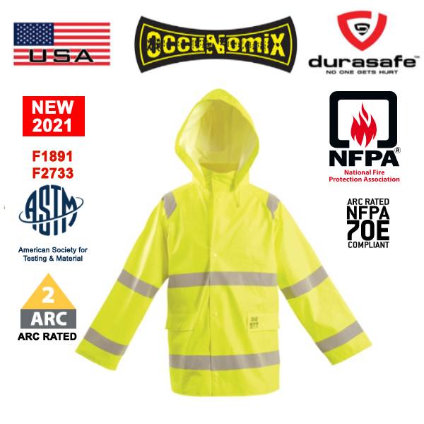 OCCUNOMIX LUX-TJR/FR2-YXL Flame Resistant Rain Jacket, Class 3, Yellow ...